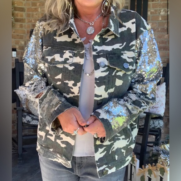 MACARON | Jackets & Coats | Distressed Camo Camouflage Jacket With Sequins Fun Jacket New ...